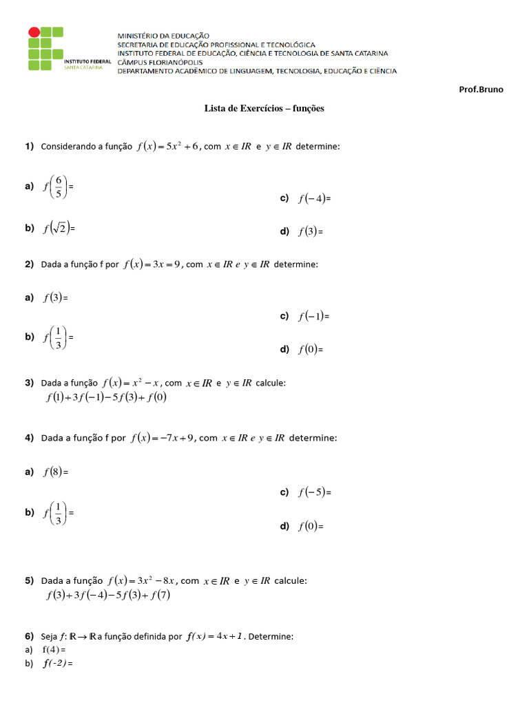 Lista de Exercícios - Funções. | PDF | Função (Matemática) | Salário
