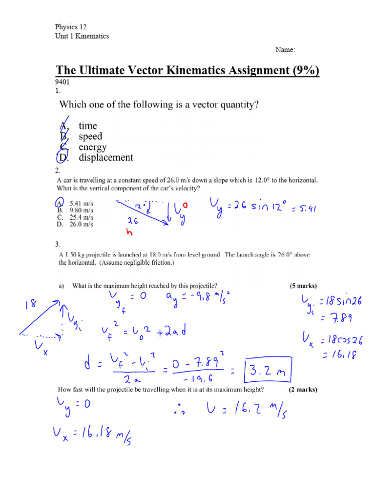 Kinematics Assignment for Physics 12 | PDF | Kinematics | Projectiles