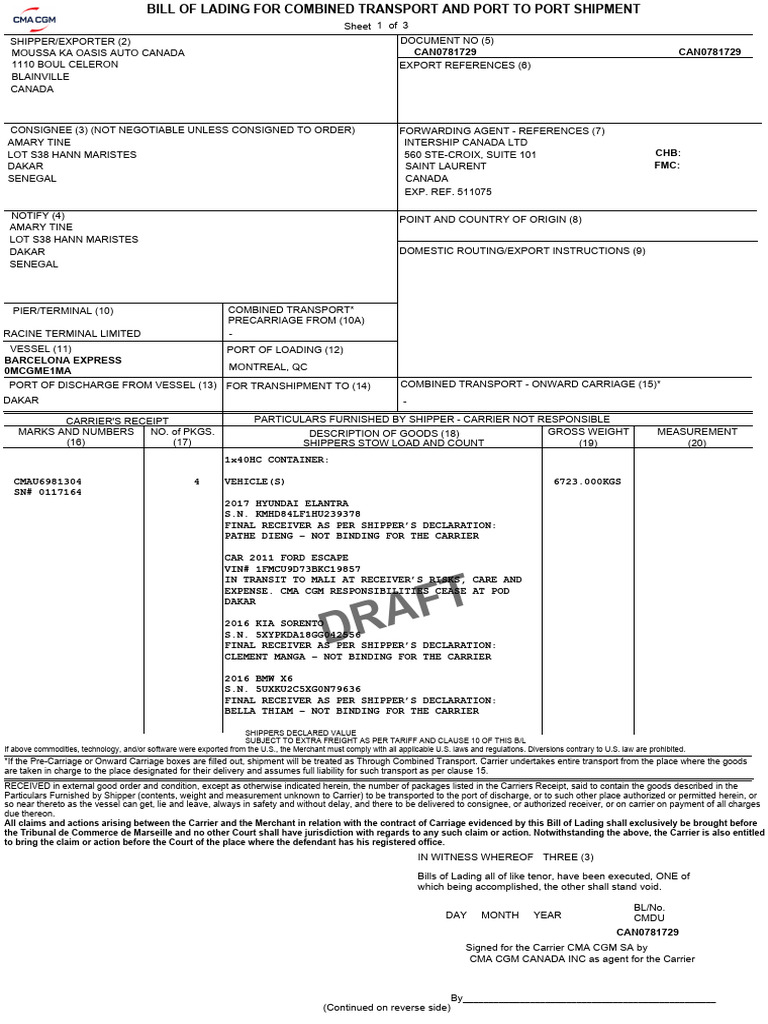 PROOF COPY (CAN0781729) Revised | PDF | Bill Of Lading | Cargo