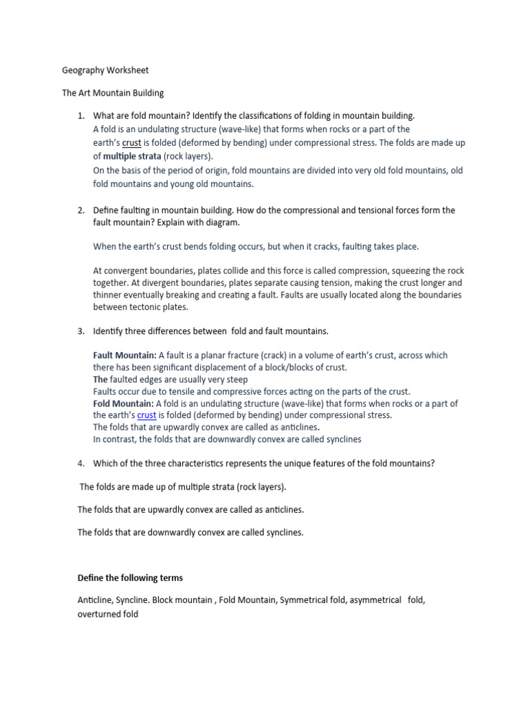 Geography Worksheet Mountain | PDF | Mountains | Fault (Geology)