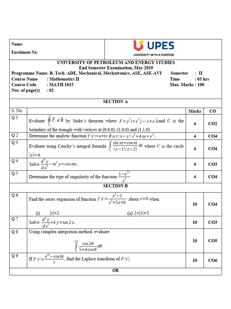 Upes 2023 Question Paper | PDF | Mathematical Analysis | Mathematics