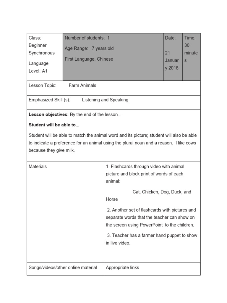 A1 Farm Animals Lesson Plan for Kids | PDF | Word | Languages