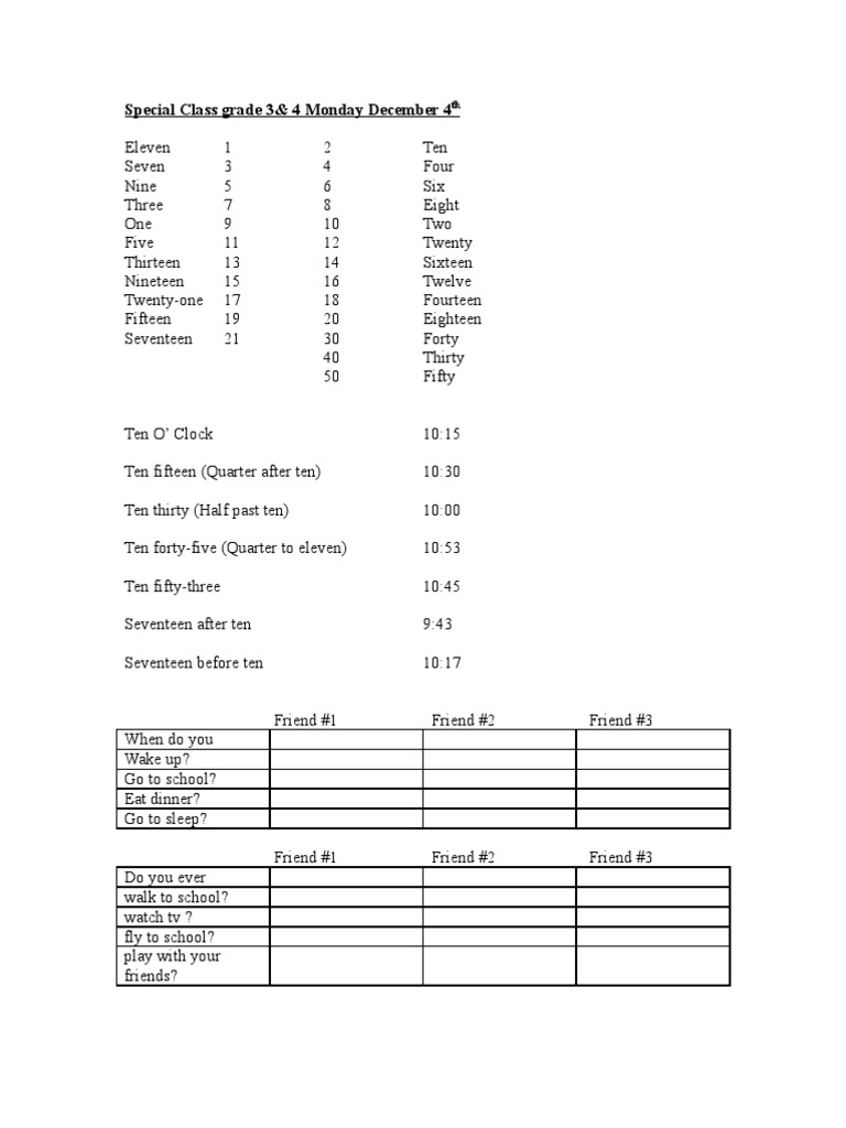 Grade 3 & 4 Special Class Schedule | PDF