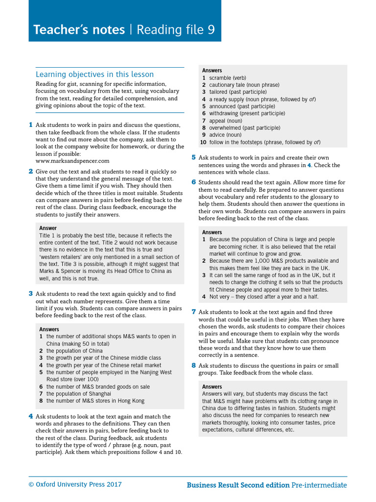 Br2e Pre-Int Reading Notes 9 | PDF | Retail | Reading Comprehension