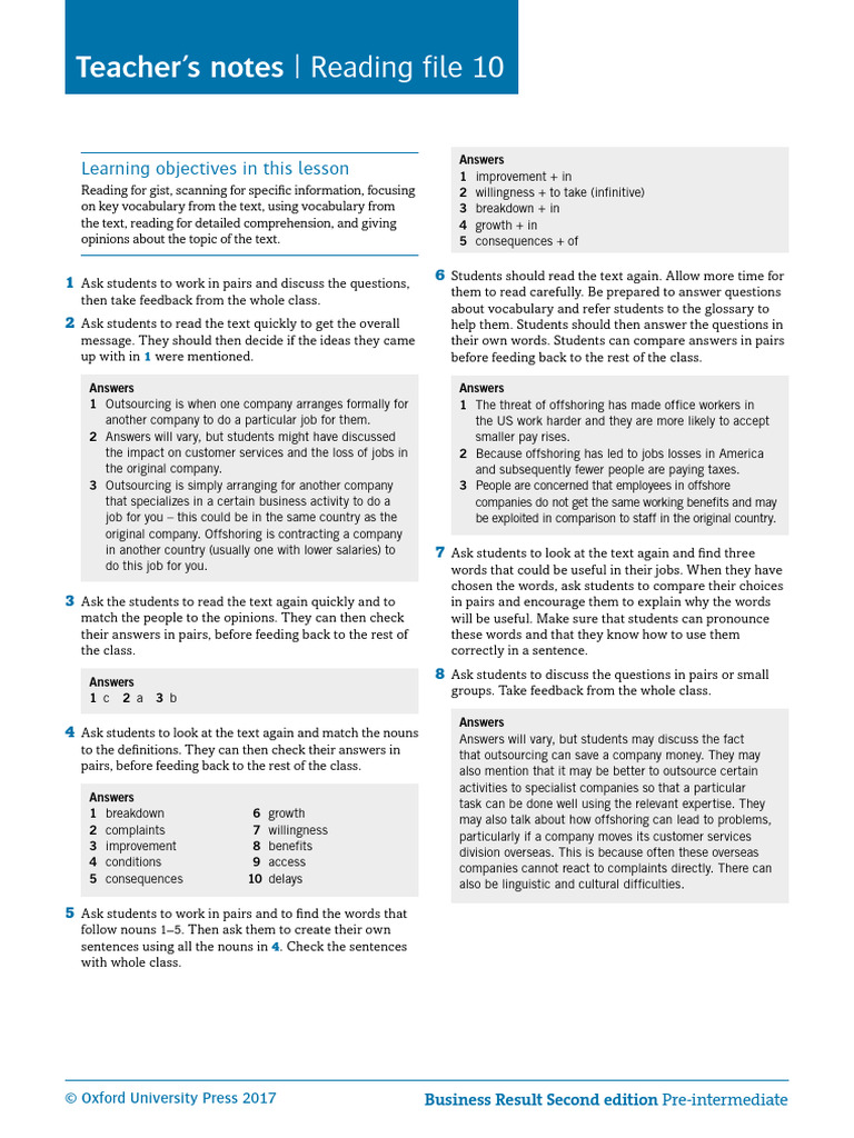 Br2e Pre-Int Reading Notes 10 | PDF | Outsourcing | Offshoring