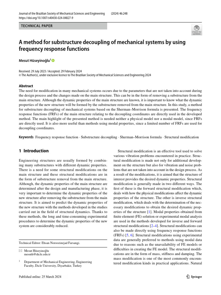 A Method For Substructure Decoupling of Mechanical Systems by Using Frequency Response Functions ...