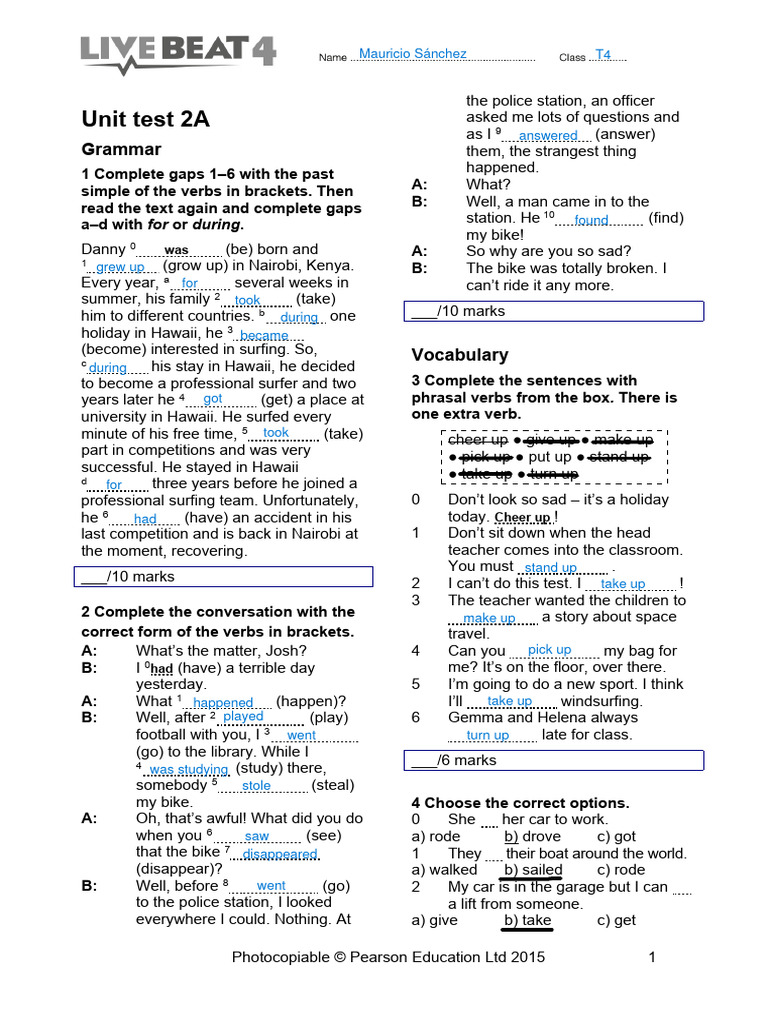 Grammar and Vocabulary Unit Test 2A | PDF