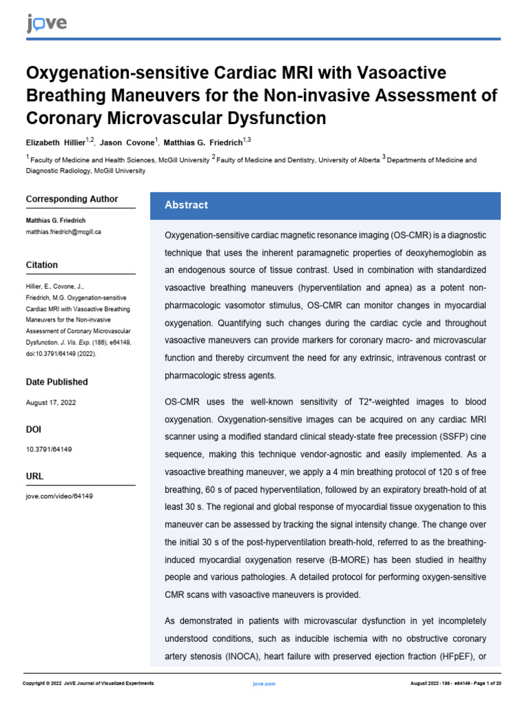 Hillier Os Cmr Jove Protocol 64149 Oxygenation Sensitive Cardiac Mri