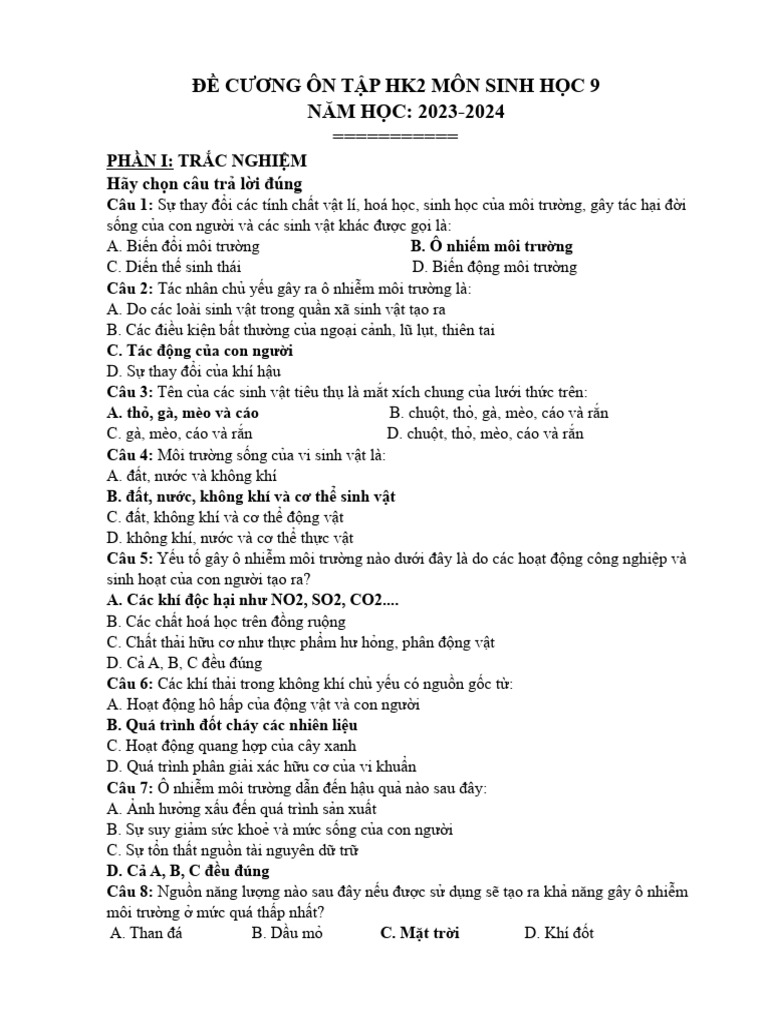 Đề Cương Ôn Tập Hk2 Môn Sinh Học 9 | PDF
