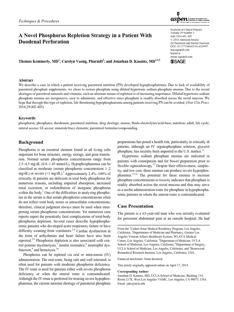A Novel Phosphorus Repletion Strategy in A Patient With Duodenal ...