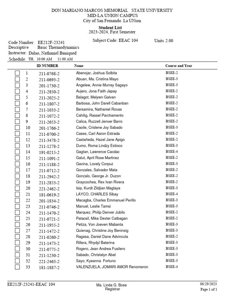 Student List: Id Number Name Course and Year | PDF