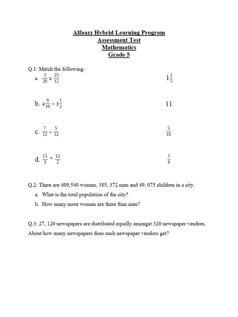 Grade 5 Assessment Test | PDF