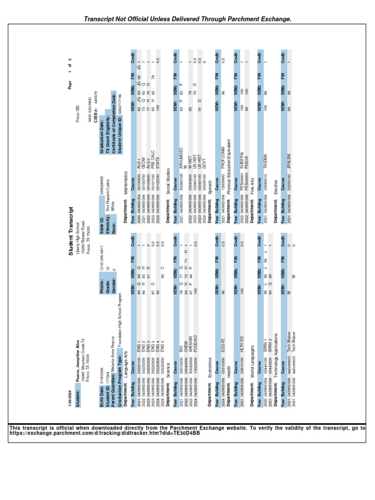 Transcript Not Official Unless Delivered Through Parchment Exchange ...