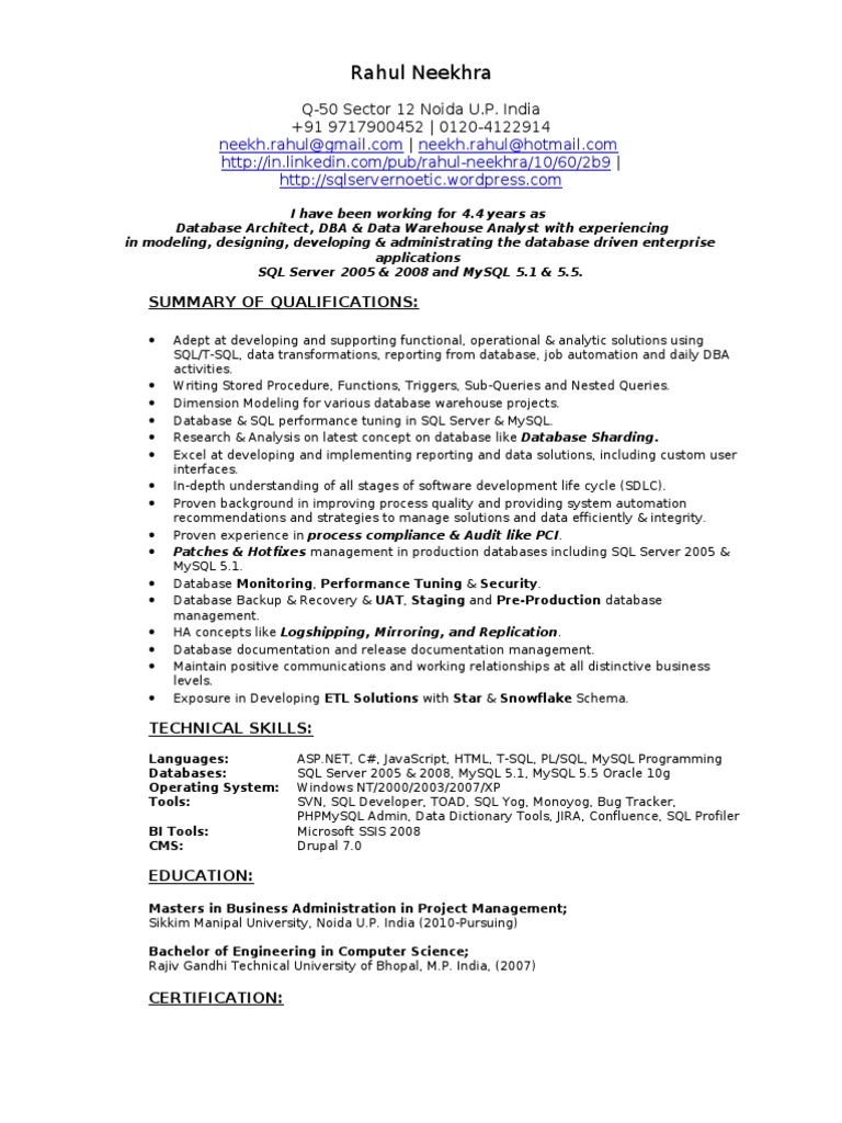 Rahul Neekhra: Summary of Qualifications | PDF | My Sql | Databases