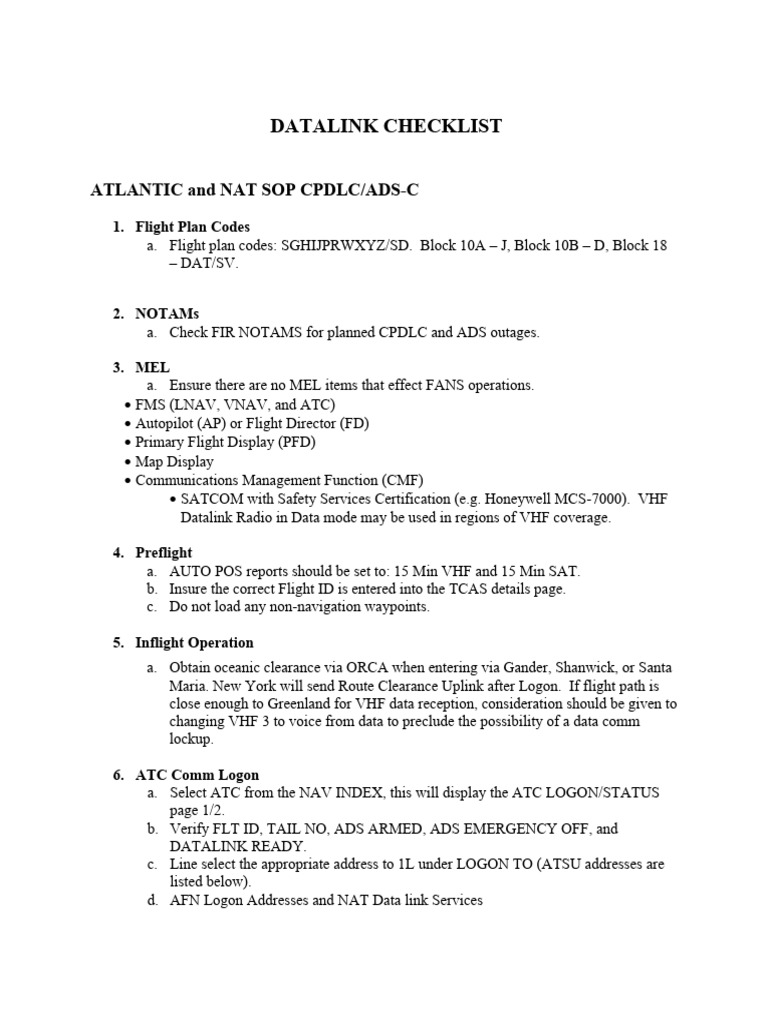 Datalink Checklist | PDF | Air Traffic Control | Aviation Safety