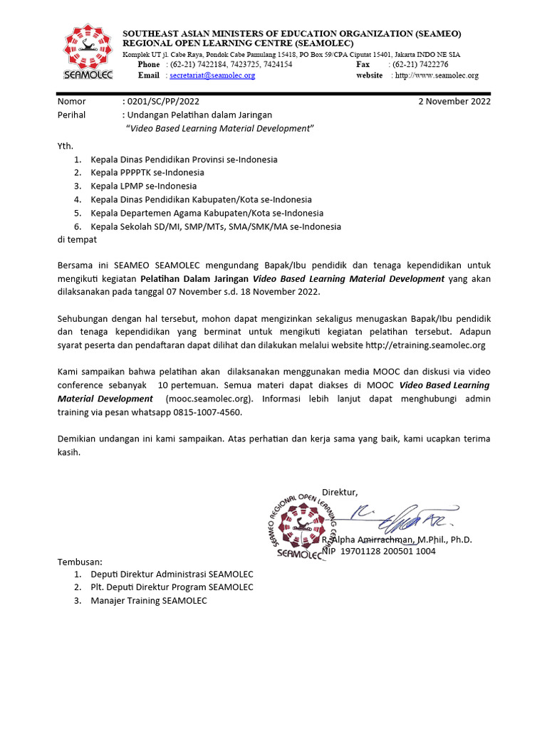 Surat Undangan Seamolec Video Based Learning Material Development | PDF