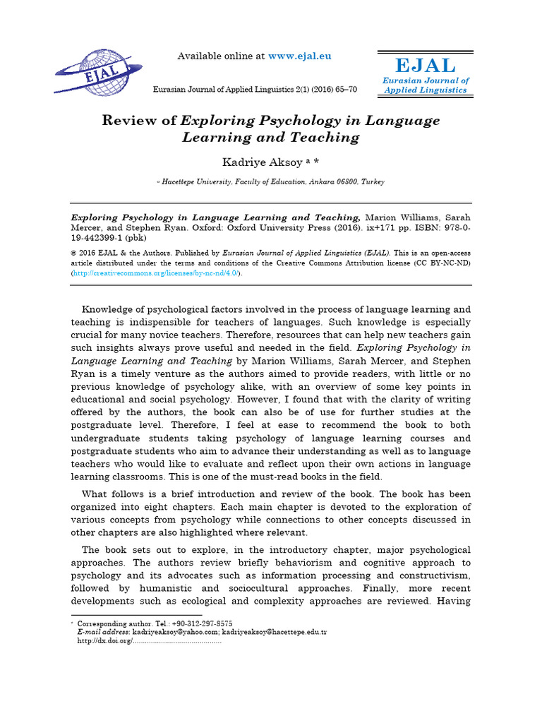 Review of Exploring Psychology in Language Learnin | PDF | Self Concept ...