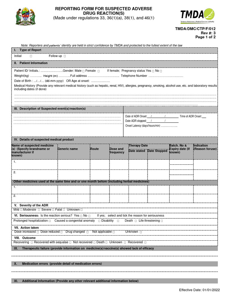 Suspected Adverse Drug Reaction Form | PDF | Therapy | Medicine