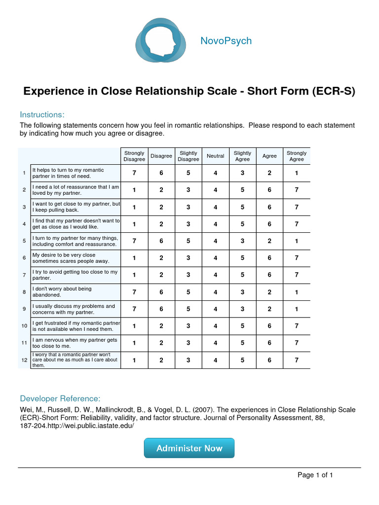 Ecr-S Assessment Form | PDF | Psychology | Behavioural Sciences