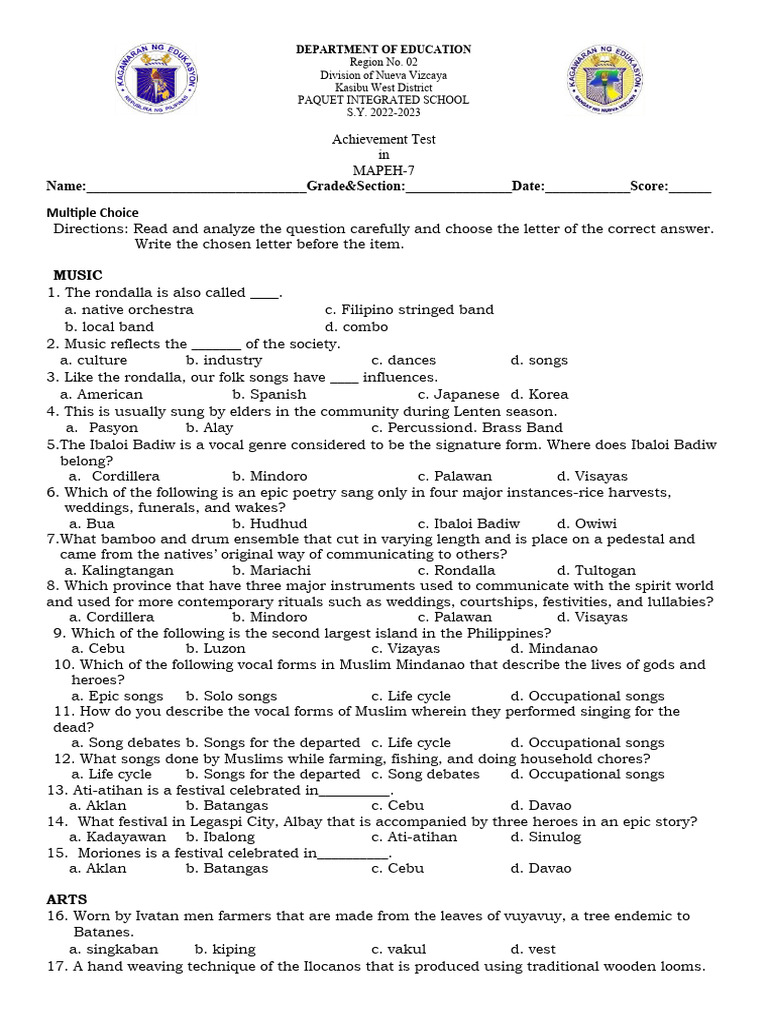 MAPEH 7 Achievement Test Guide | PDF | Foods | Stress (Biology)