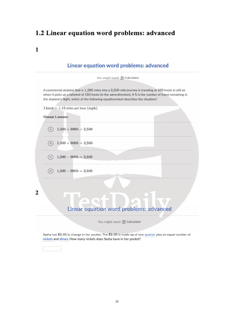 1.2 Linear Equation Word Problem | PDF