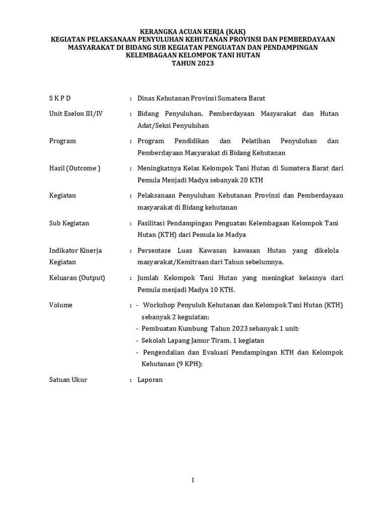 KAK Penguatan Dan Pendampingan Kelembagaan Kelompok Tani Hutan | PDF | Ilmu Sosial | Sains ...