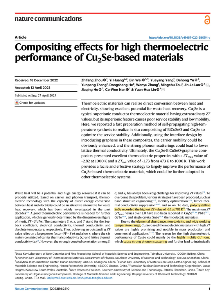 Thermoelectric Boost in Cu2Se Materials | PDF | Graphene | Electrical ...