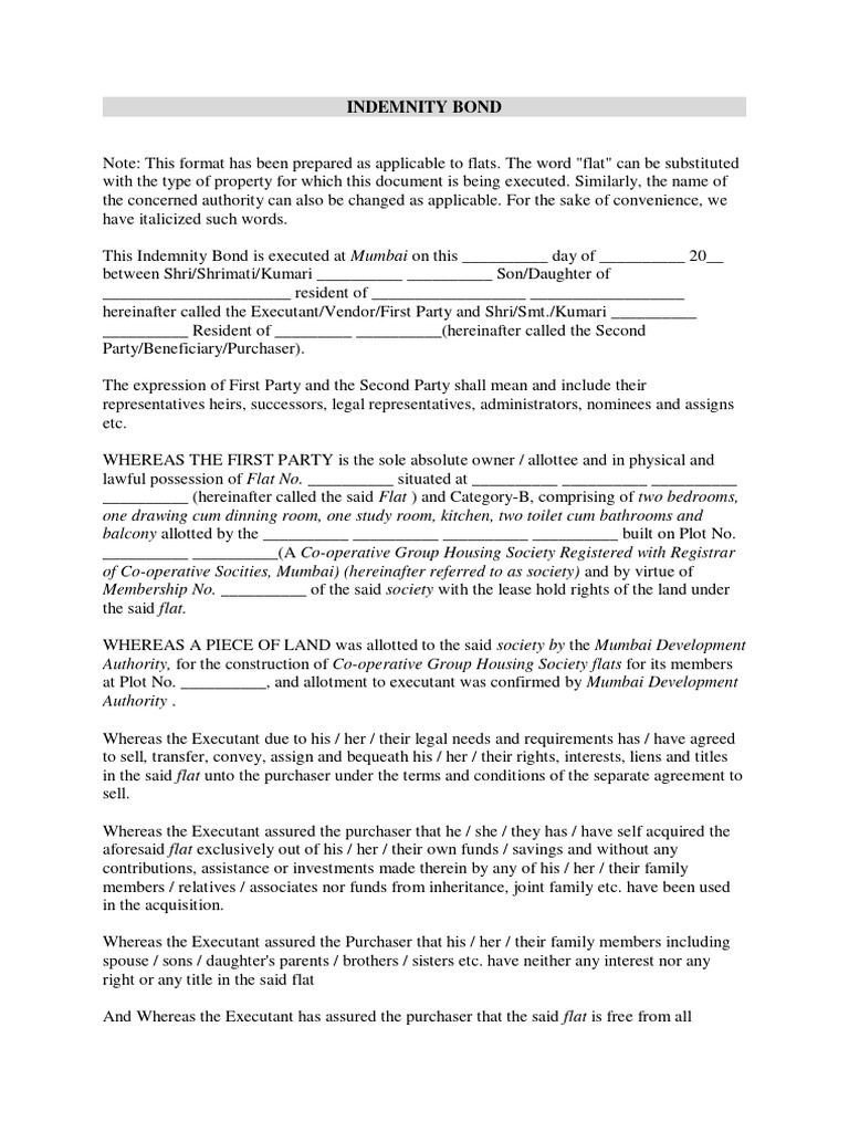 Indemnitybond - Format | Download Free PDF | Indemnity | Private Law