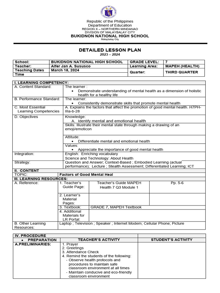 Grade 7 MAPEH Mental Health Lesson Plan | PDF | Mental Health | Major ...