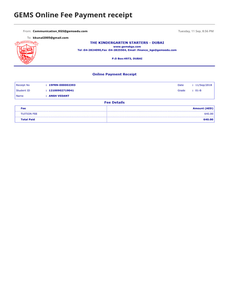 GEMS Online Fee Payment Receipt | PDF