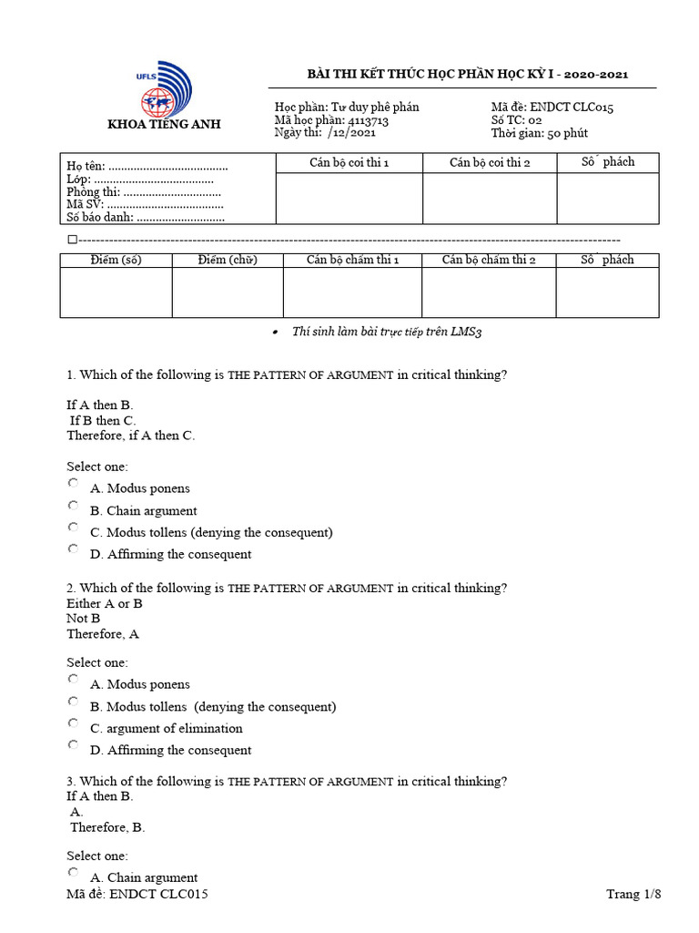 DAP AN DE TDPB CLC CT 105 2021 Edit 2023 | PDF | Logical Consequence | Argument