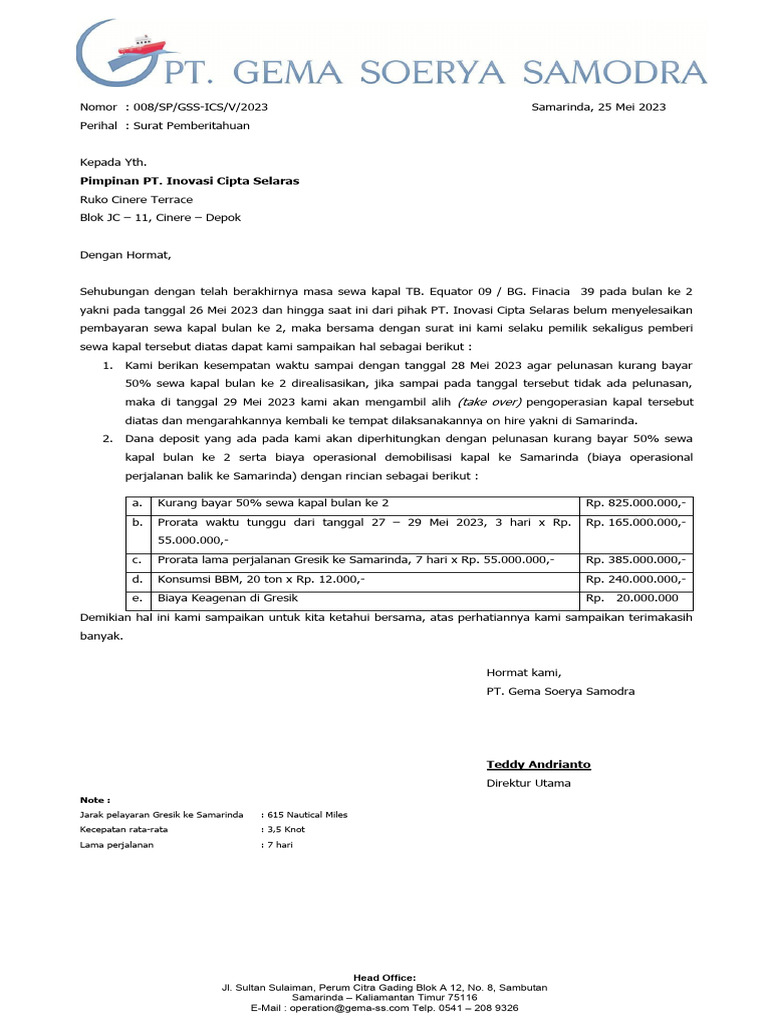 Surat Pemberitahuan Rencana Off Hire Kapal | PDF | Pengelolaan Keuangan & Uang