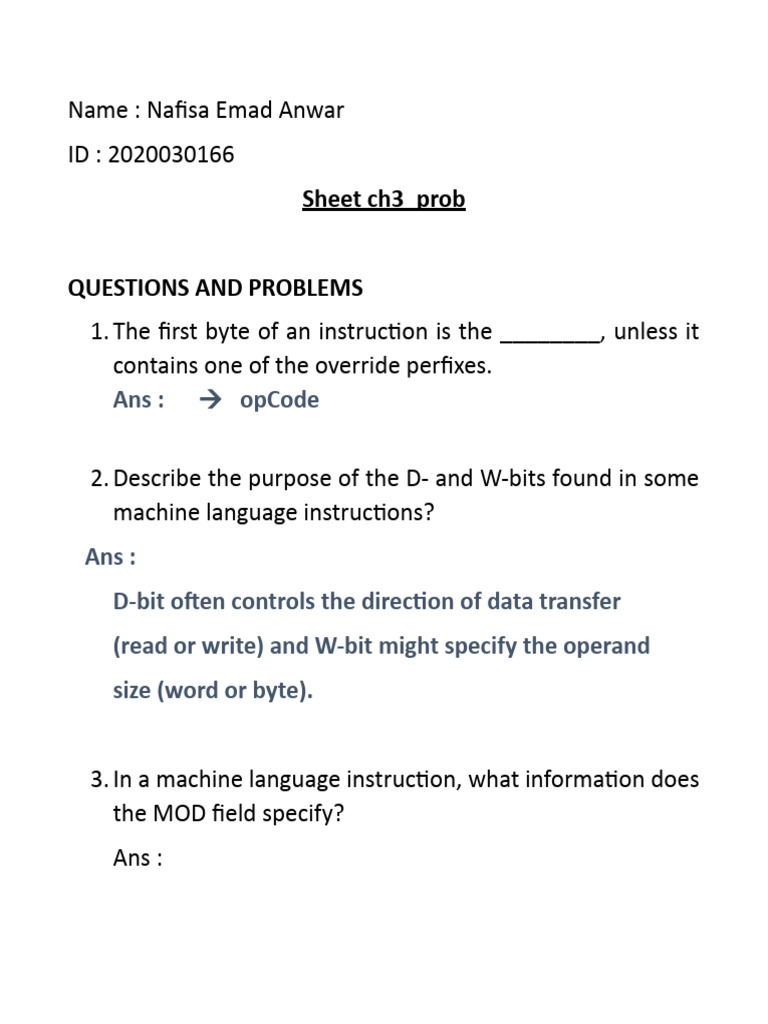 Ch3 - Prob - Ans Nafisa Emad 2020030166 | PDF | Assembly Language | Computer Programming