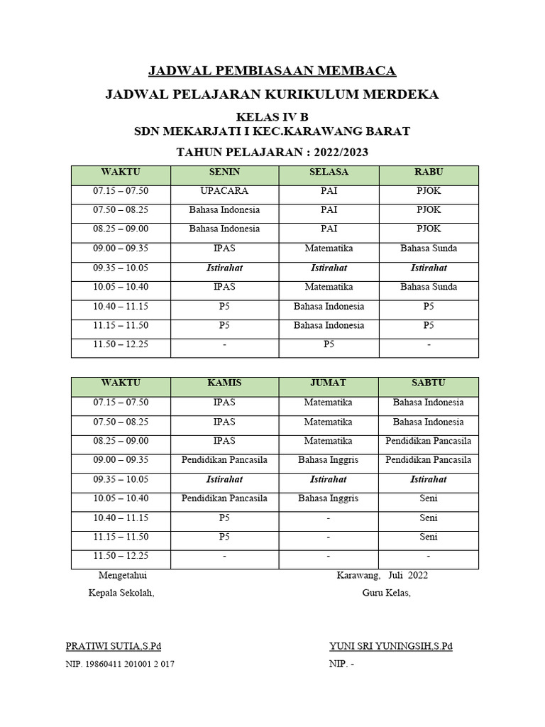Jadwal Pelajaran Kurikulum Merdeka | PDF