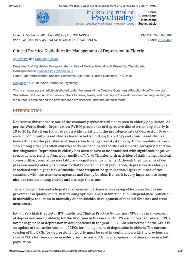 Clinical Practice Guidelines For Management of Depression in Elderly ...