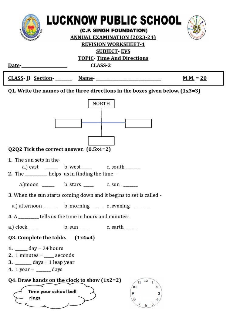 Class2evs Annual Revision Worksheet 2 Time and Directions | PDF