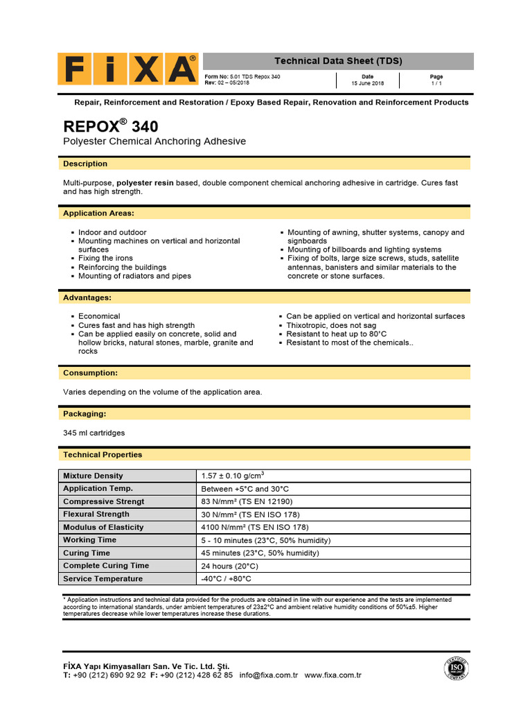 Repox 340 Polyester Kimyasal Du Bel Eng | PDF | Concrete | Adhesive