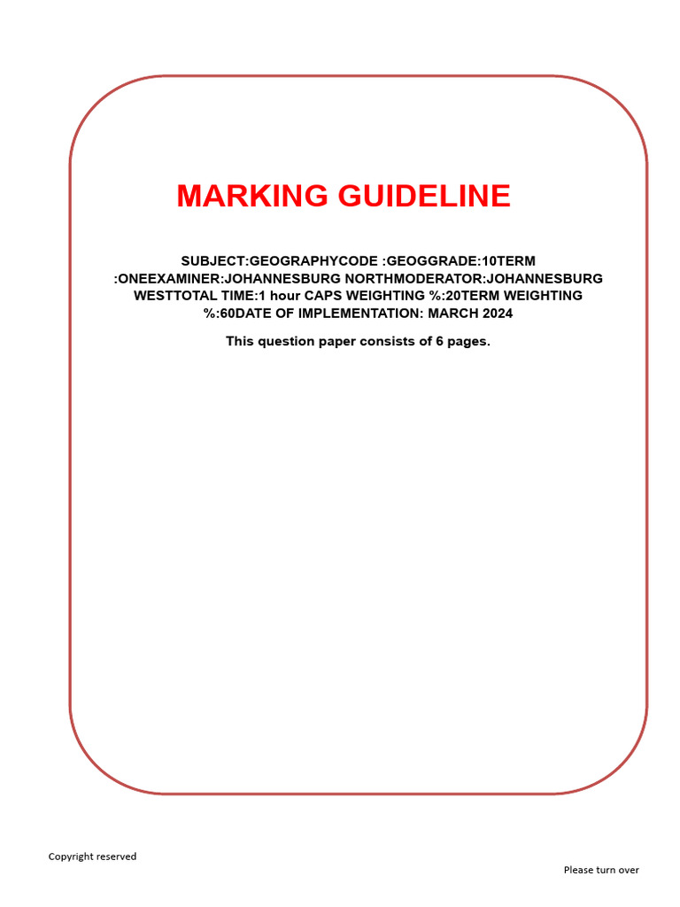 Grade 10 Geo Controlled Test Term 1 2024 Marking Guideline | PDF ...