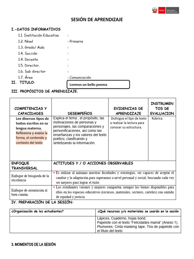 Sesion de Aprendizaje N 32 Leemos Un Bello Poema | PDF | Aprendizaje | Poesía