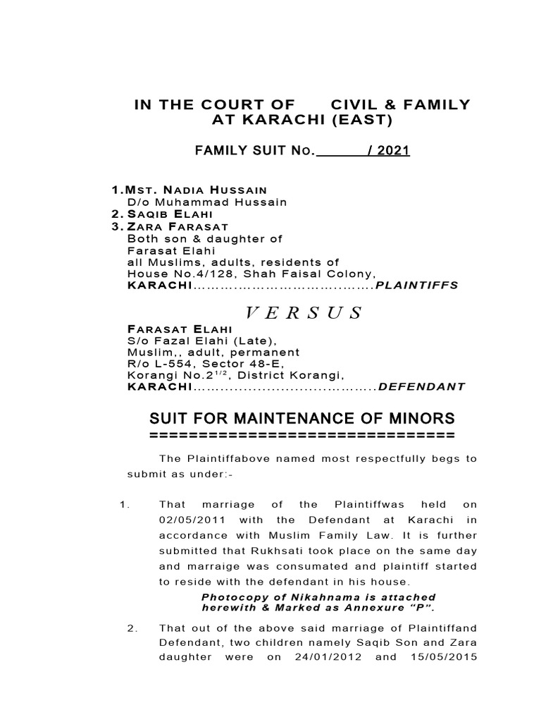 Family Suit for Minor Maintenance Karachi | PDF | Lawsuit | Legal Guardian
