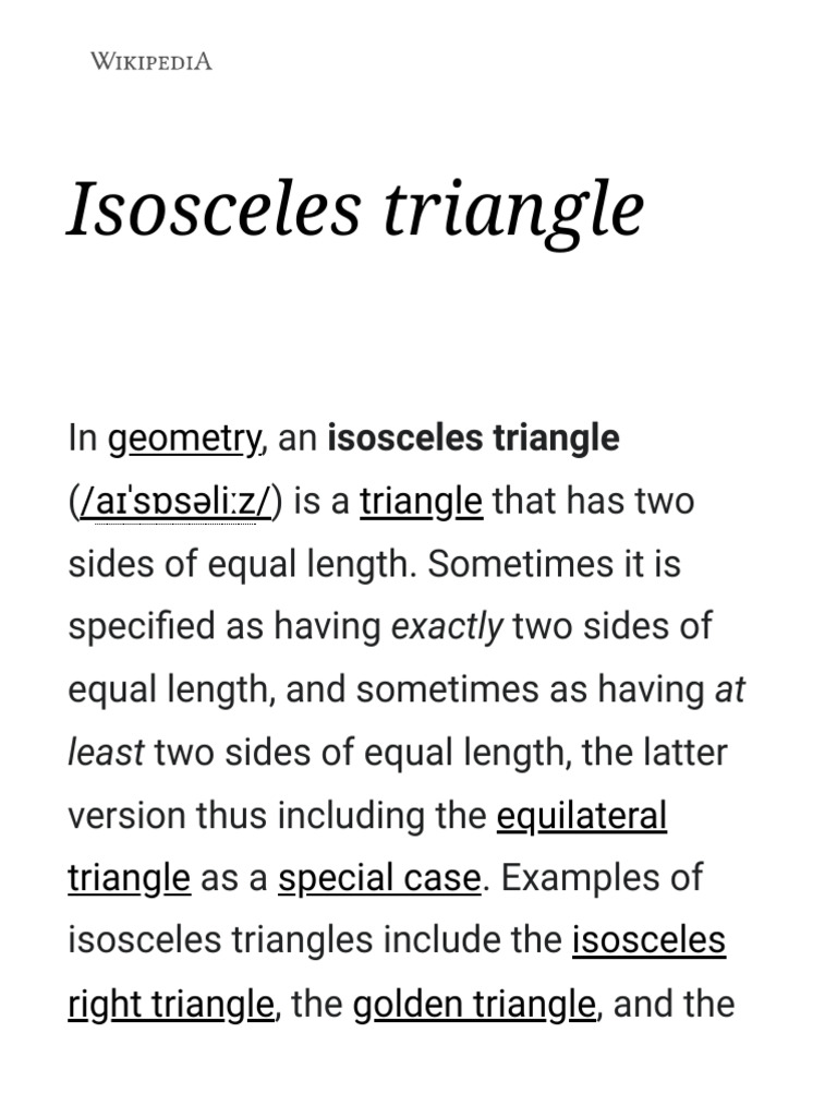 Isosceles Triangle - Wikipedia | PDF | Triangle | Euclidean Geometry