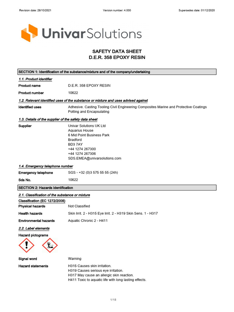 D.E.R. 358 Epoxy Resin SDS | PDF | Toxicity | Dangerous Goods