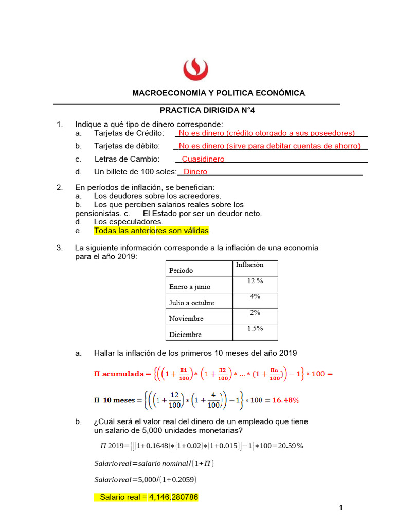 PRACTICA DIRIGIDA N°4 Inflación Con Solucionario | PDF | Dinero | Inflación