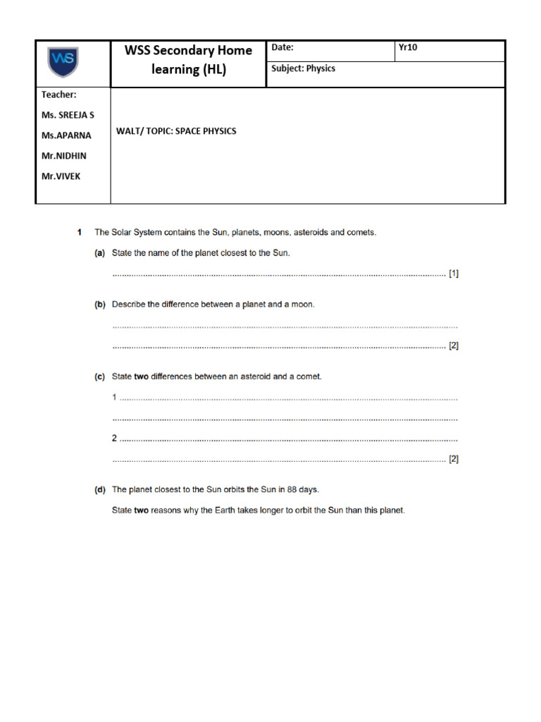 Year 10 Space Physics Curriculum | PDF