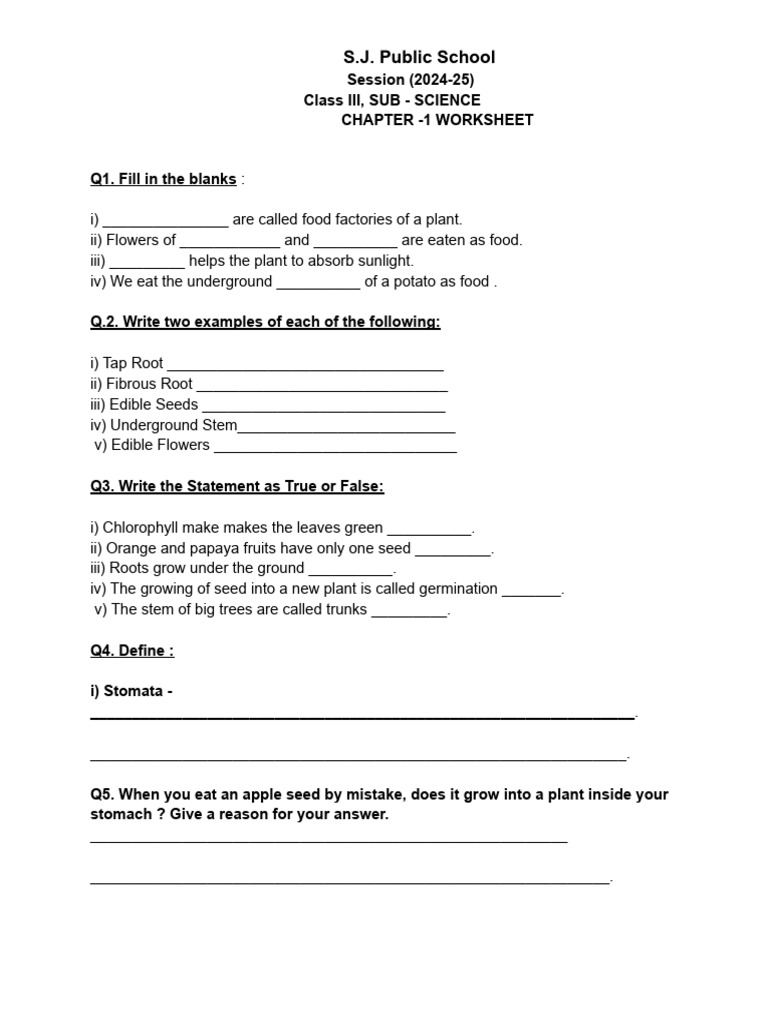 Science Worksheet - 1 Chapter Class 3 (2024-25) | PDF
