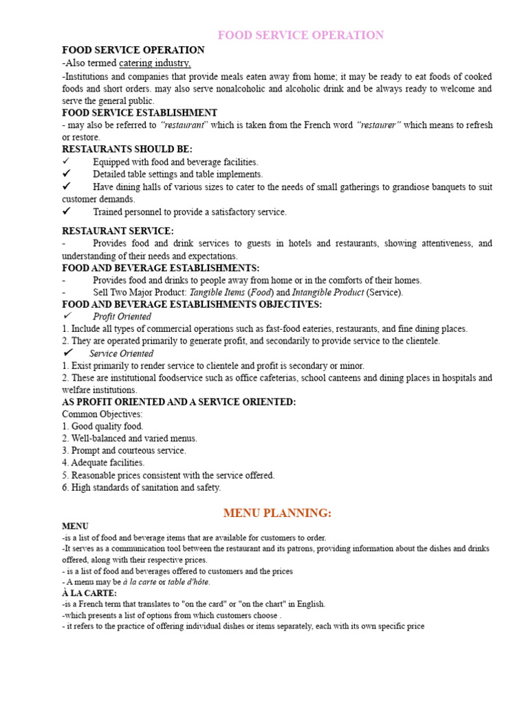 Food Service Operation | Download Free PDF | Menu | Tableware