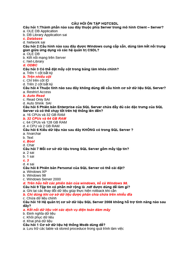 trắc nghiệm HQTCSDL | PDF