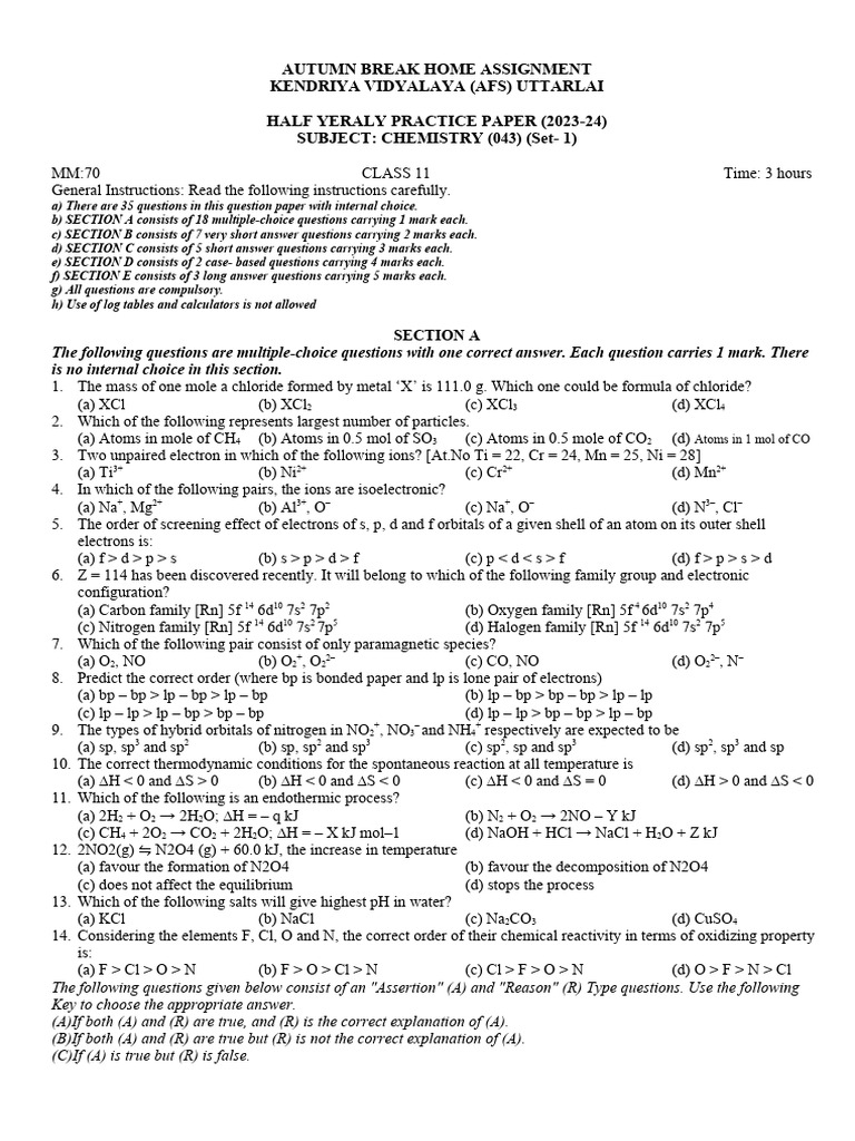 Autumn Break Assignment Chemistry Class 11 | PDF | Atomic Orbital | Atoms