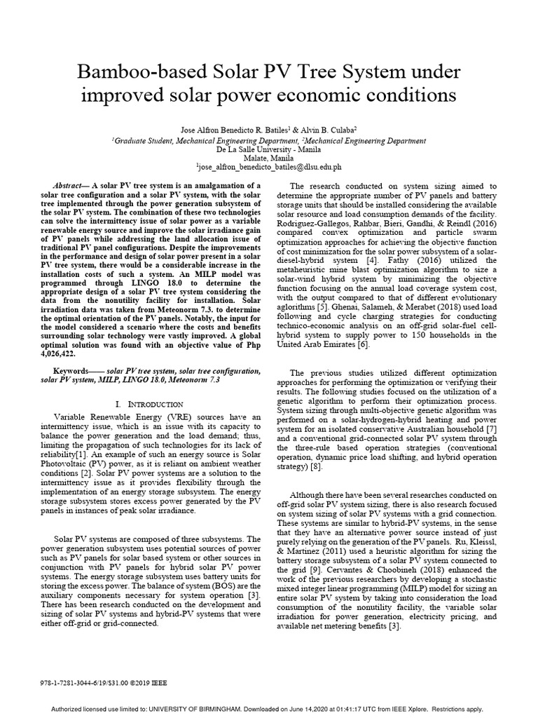 Bamboo-Based Solar PV Tree System Under Improved Solar Power Economic ...