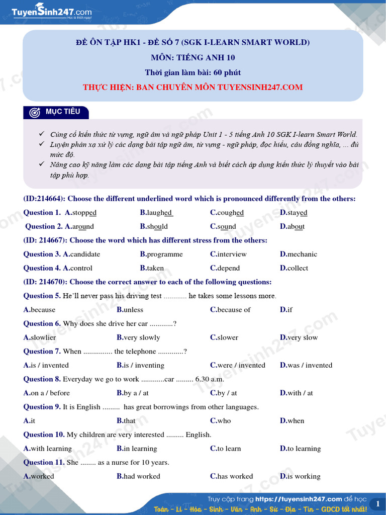 7. Đề ôn tập HK1 - Tiếng Anh 10- I-learn Smart World - Đề số 7 | PDF